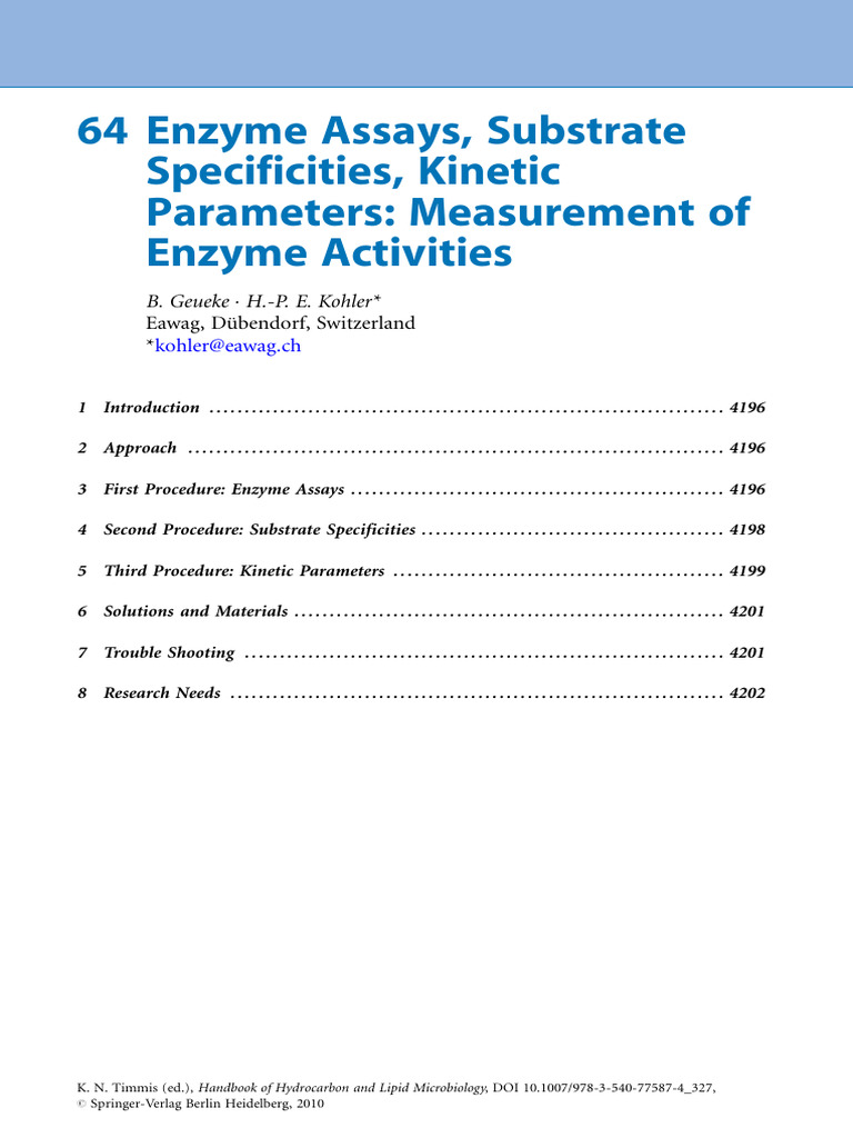 64 Enzyme Assays, Substrate Specificities, Kinetic Parameters ...