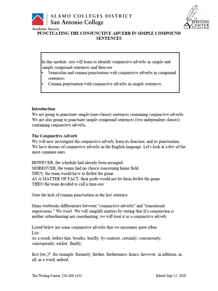 Punctuating Conjunctive Adverb in Simple Compound Sentences | PDF ... Punctuating Conjunctive Adverb in Simple Compound Sentences | PDF ...