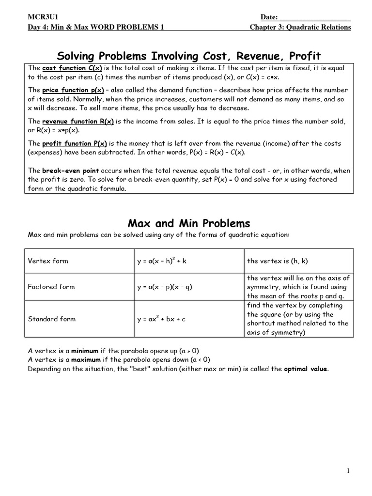 04 - Profit Revenue Problems Maximizing Revenue Solution | PDF | Quadratic Equation ...