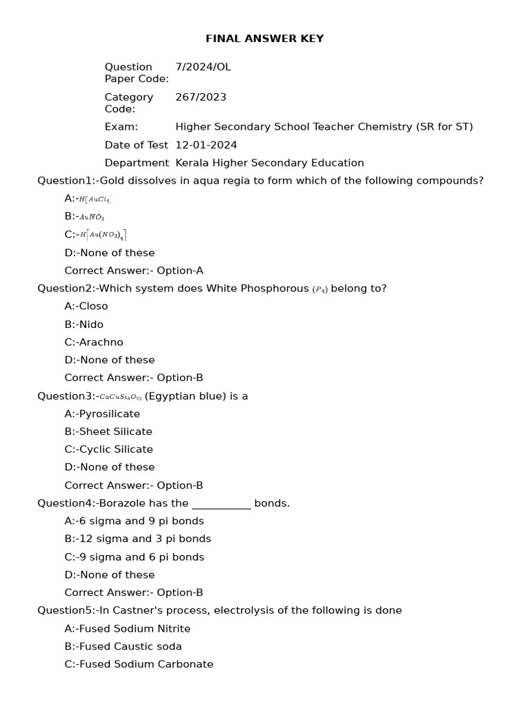 Final Answer Key HSST Chemistry | PDF | Chemical Bond | Chemical Reactions