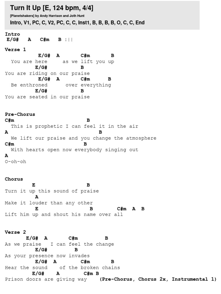 Turn It Up by Planetshakers (Lyrics and Chords Only) | PDF