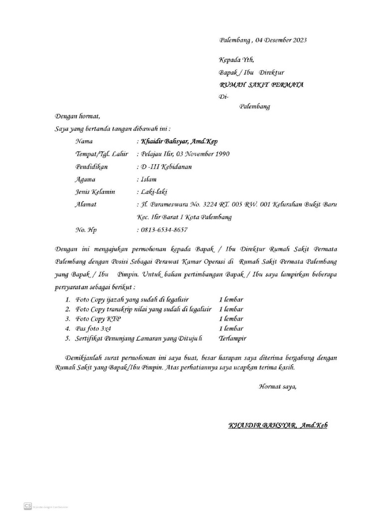 Surat Lamaran Rs Permata (1) - 1 | PDF