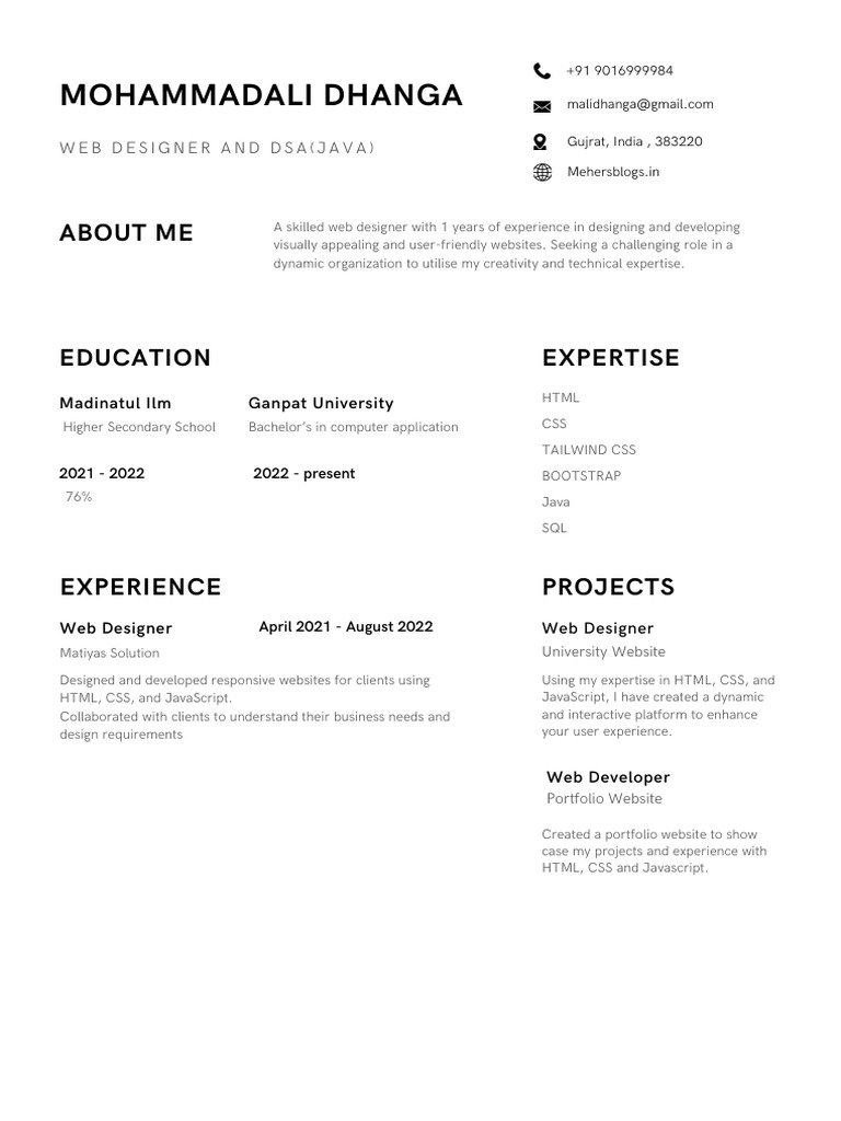 Mohammadali Dhanga CV | PDF | Web Design | World Wide Web