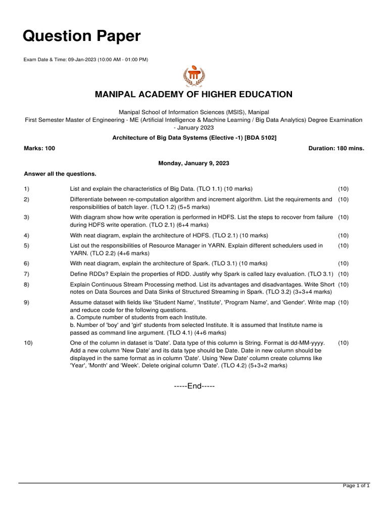 Architecture of Big Data Systems (Elective - 1) (BDA 5102) | PDF | Apache Spark | Big Data