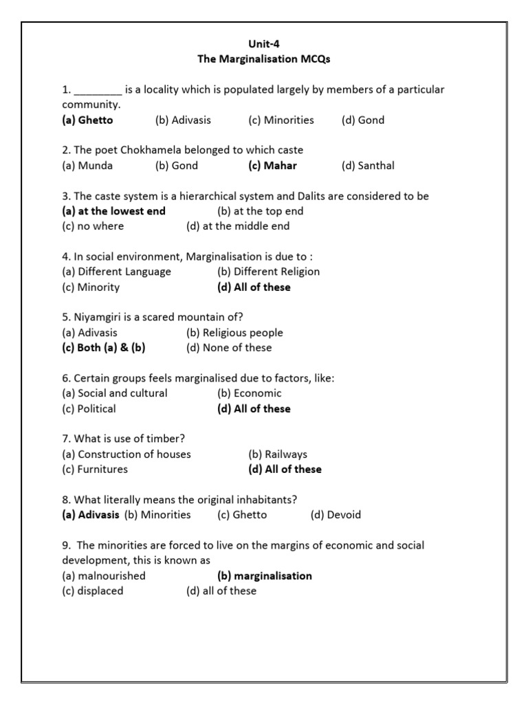 The Marginalisation MCQs | PDF | Dalit | Social Exclusion