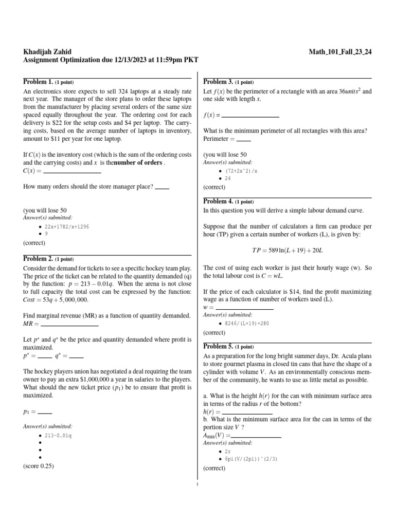 Math 101 Fall 23 24.2027-11-0341.optimization | PDF | Area | Rectangle