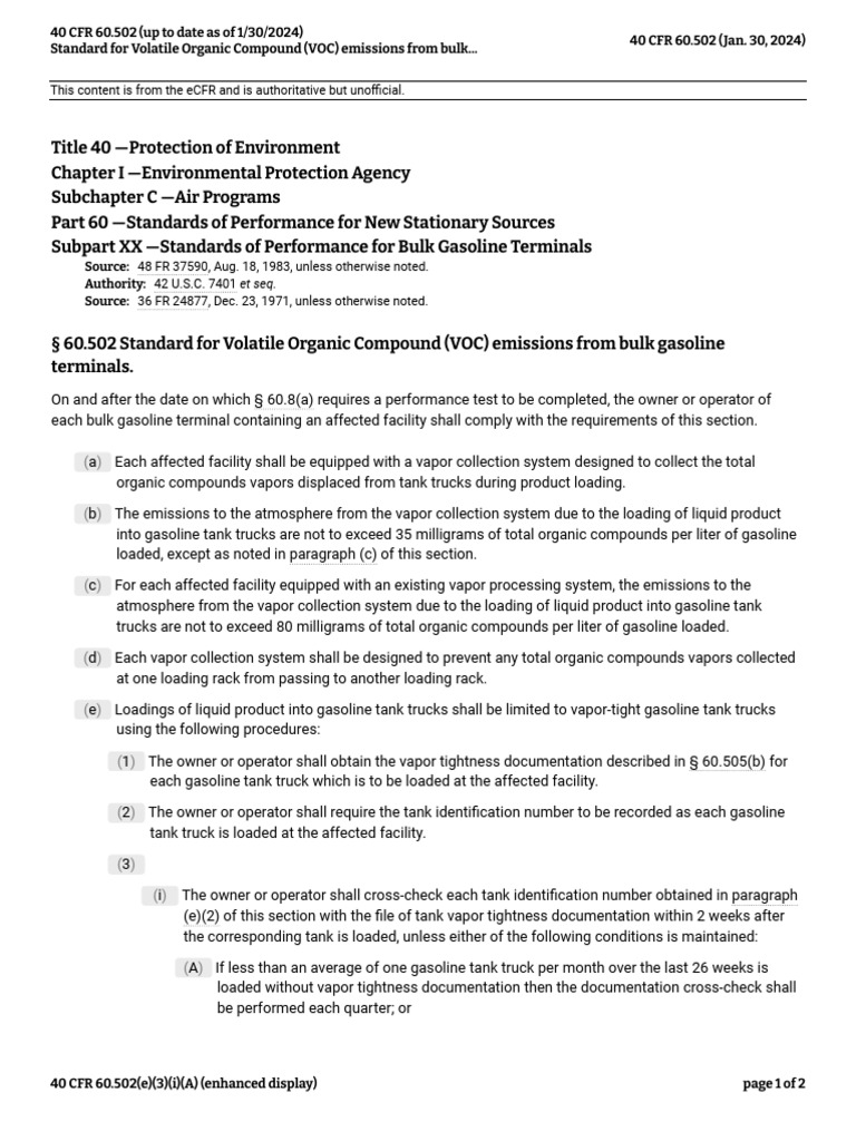 40 CFR 60.502 (Up To Date As of 1-30-2024) | PDF | Gasoline | Truck