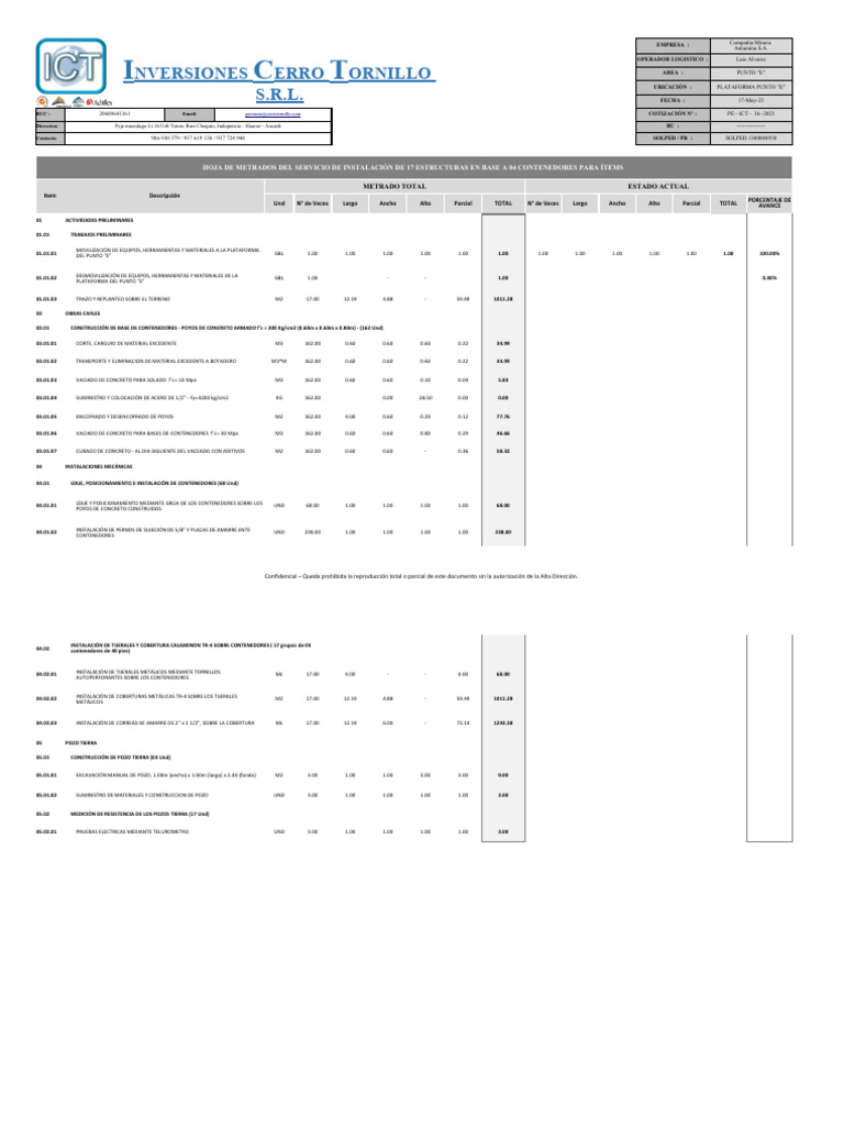 Hoja de Metrados Solped 1300004938 - Servicio de Instalación de 17 ...