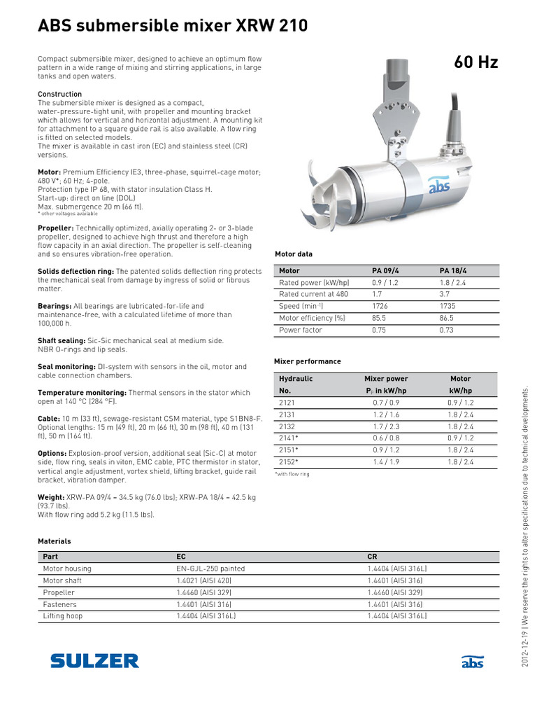 AGITADOR SUBMERSÍVEL ABS SULZER XRW - 210 - 60Hz - TDS | PDF | Electric ...