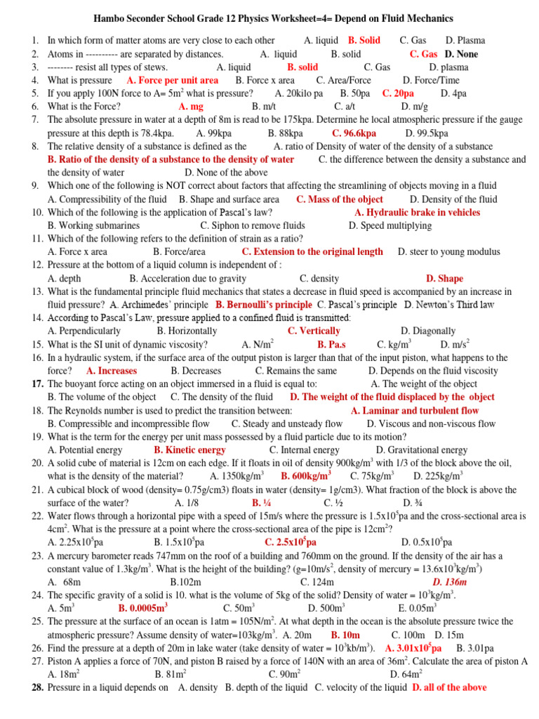 Grade 12 Physics Worksheet 4 Depend On Fluid Mechanics | PDF | Pressure ...