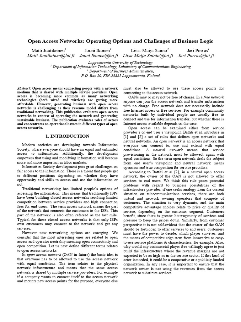 Open Access Networks Operating Options And Challenges Of Business
