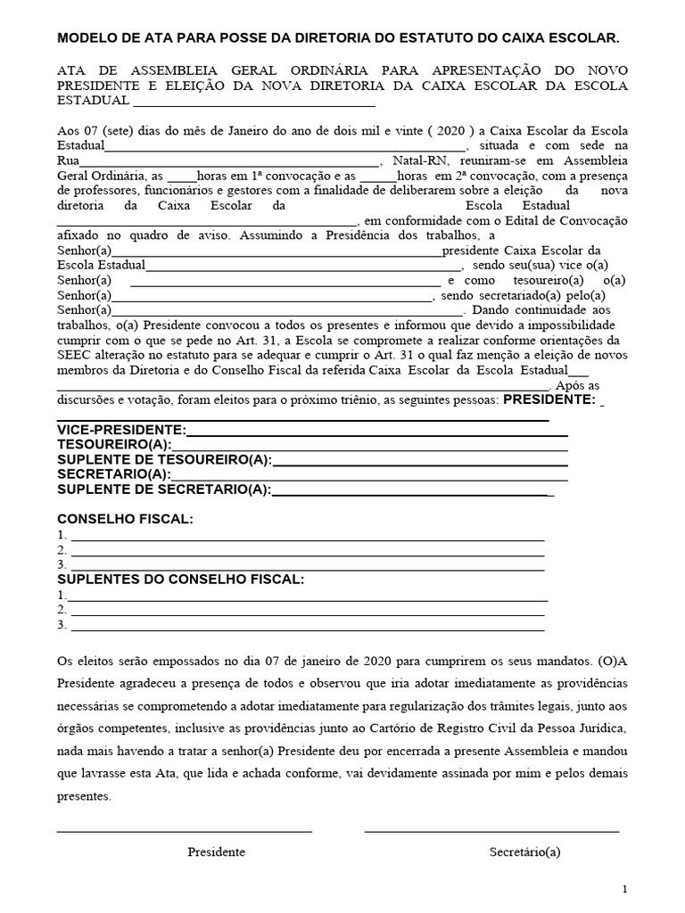 Modelo de Ata Do Estatuto Do CX Escolar. 1 | PDF | Conselho de ...