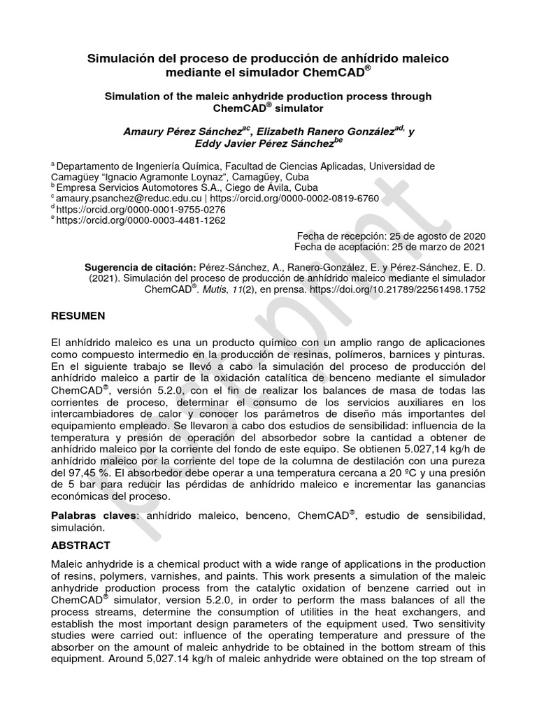 Simulación Del Proceso de Anhídrido Maleico | PDF | Calor | Agua
