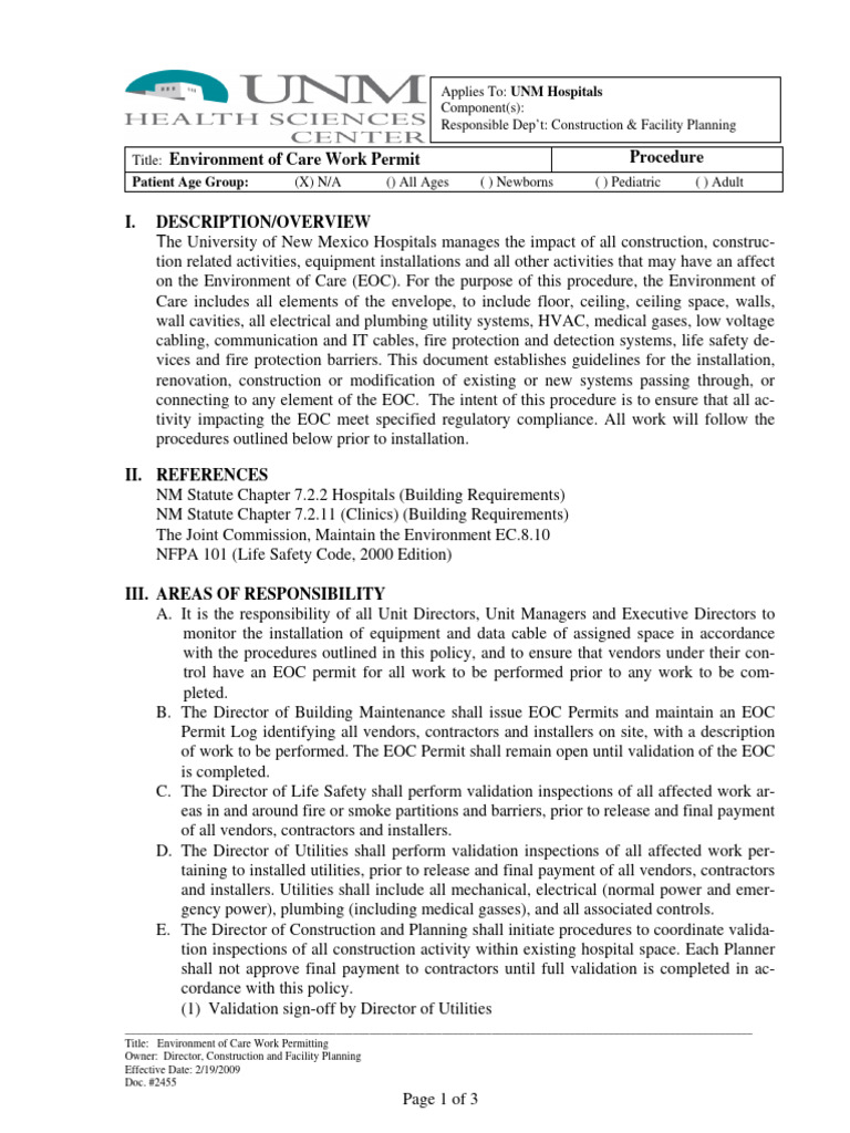 Environment of Care Work Permit | PDF | Joint Commission | Building ...