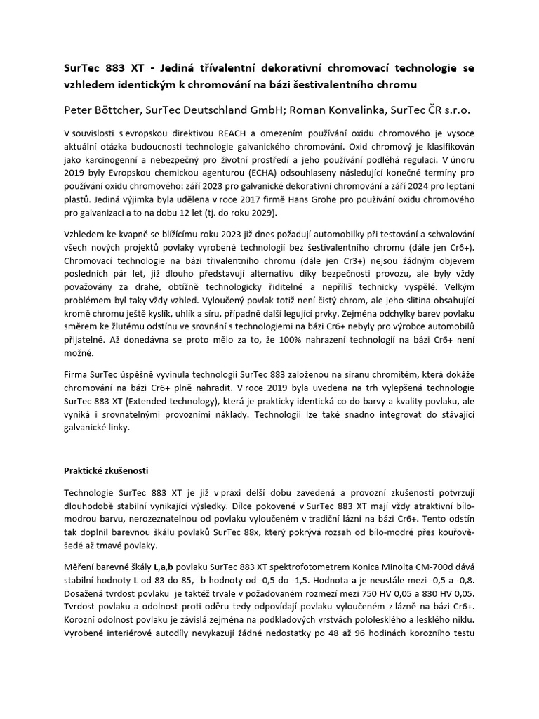 SurTec 883 XT - Jediná Třívalentní Dekorativní Chromovací Technologie Se Vzhledem Identickým K ...