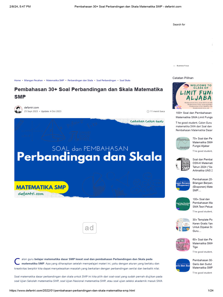 Pembahasan 30+ Soal Perbandingan Dan Skala Matematika SMP | PDF