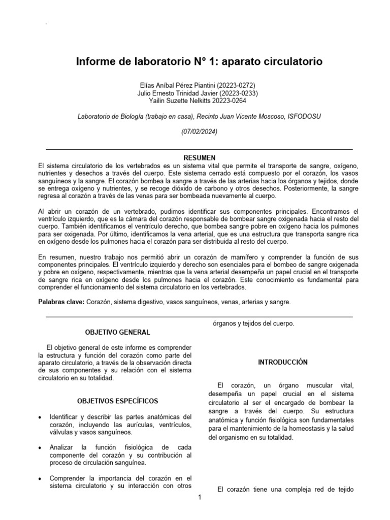 Informe de Laboratorio 1 | PDF | Corazón | Sistema circulatorio