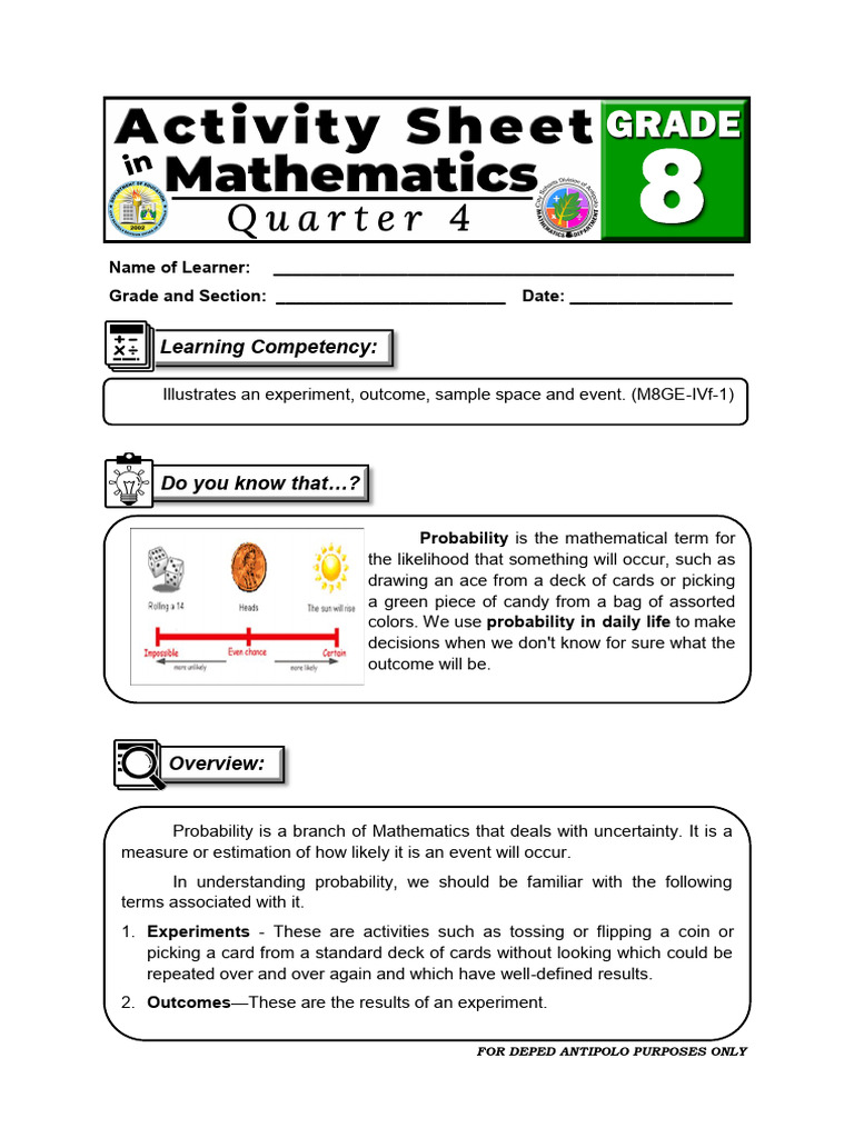 Grade 8-Lc 6-Week 5 | PDF | Probability | Measure Theory