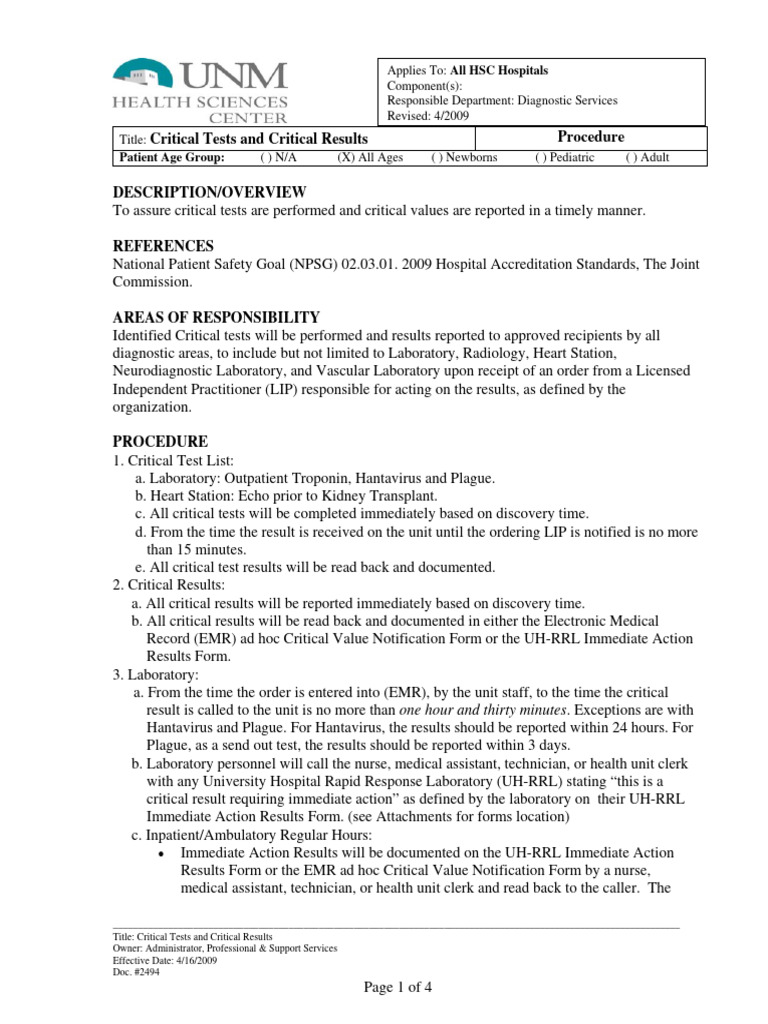 Critical Tests & Critical Results | PDF | Electronic Health Record ...