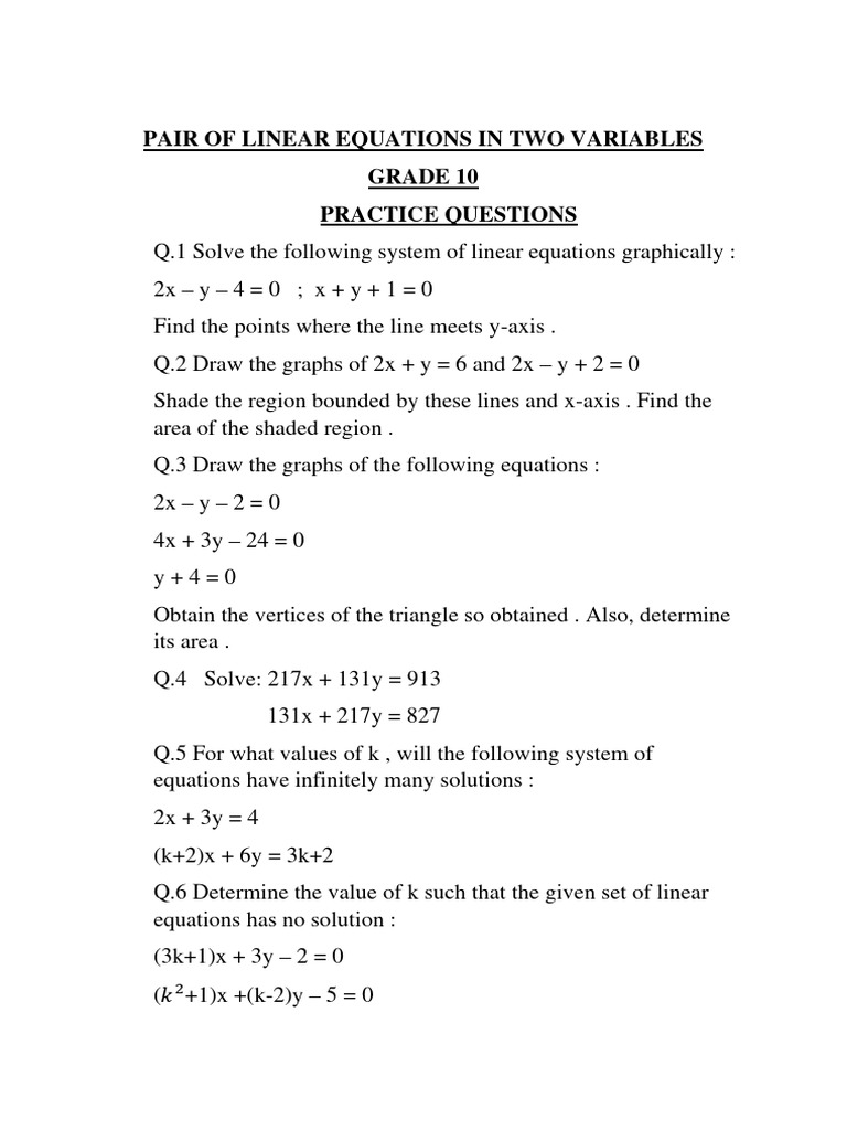 Practice Questions - Linear Equations | PDF