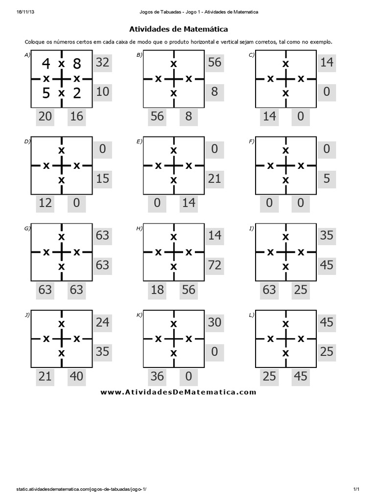 TABUADA - Jogos de Tabuadas - Jogo 1 - Atividades de Matematica | PDF | Métodos e Materiais de ...