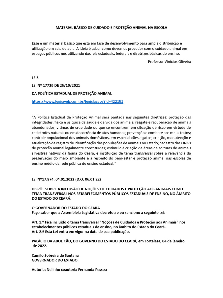 Cuidados e Proteção Animal na Escola | PDF | Estado | Direito dos Animais