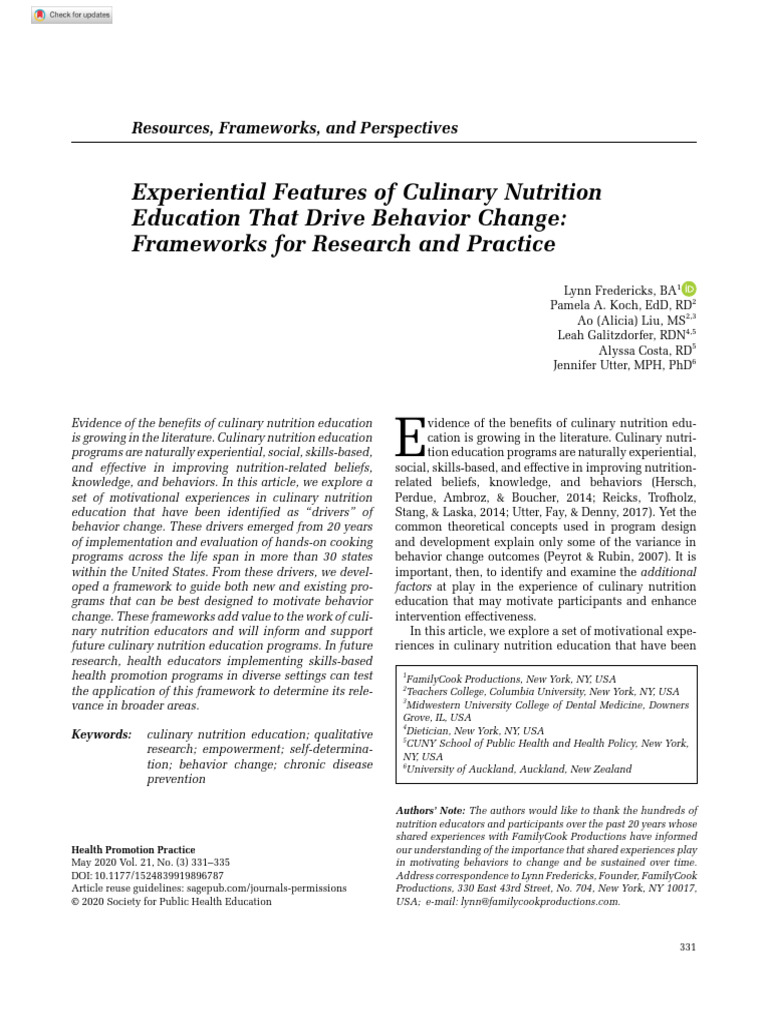 Experiential Features of Culinary Nutrition Education That Drive ...