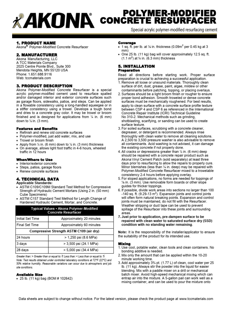 AK Polymer-Modified Concrete Resurfacer TDS | PDF