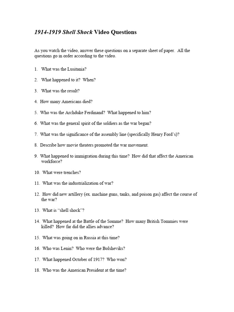 Shell Shock Video Questions (1914-1919) | PDF | History