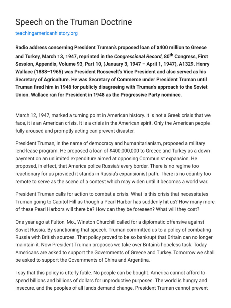 Speech On The Truman Doctrine - Teaching American History | PDF | Harry ...