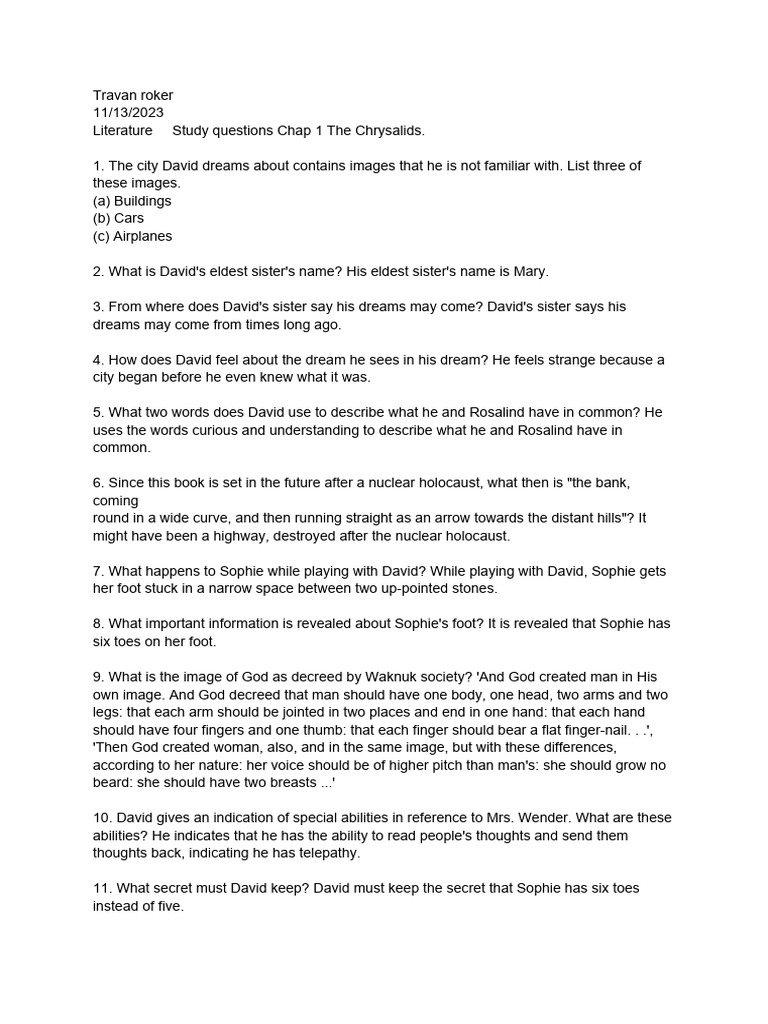 The Chrysalids Chapter 1 Study Guide | PDF | Young Adult