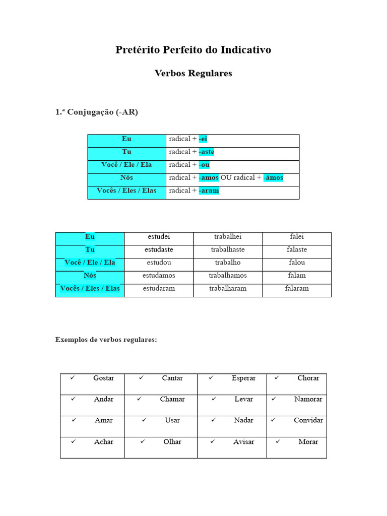Verbos - Pretérito Perfeito | PDF