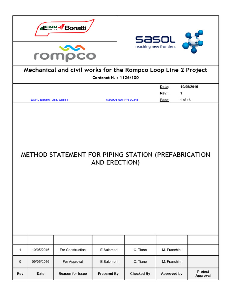 MZ0001-001-PH-00345 Rev1 - Method of Statement Piping STS 1-2 MLV 109-110-111 | PDF