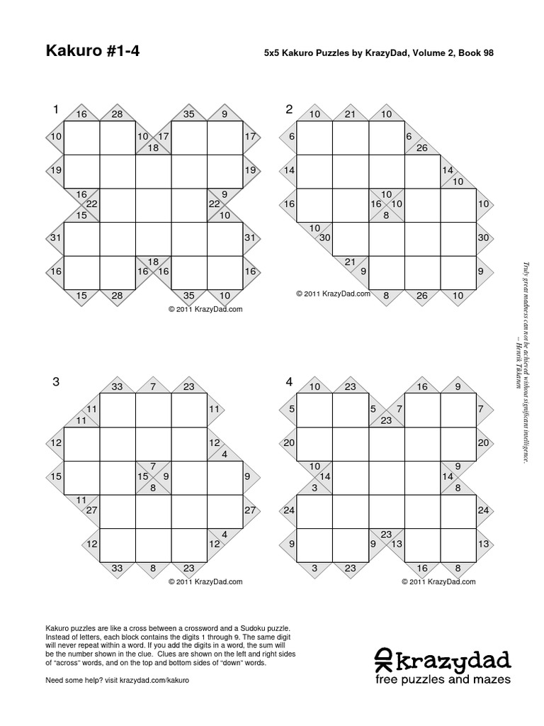 KD Kakuro 5x5 v2 s2 b098 | PDF | Recreational Mathematics | Mathematical Concepts