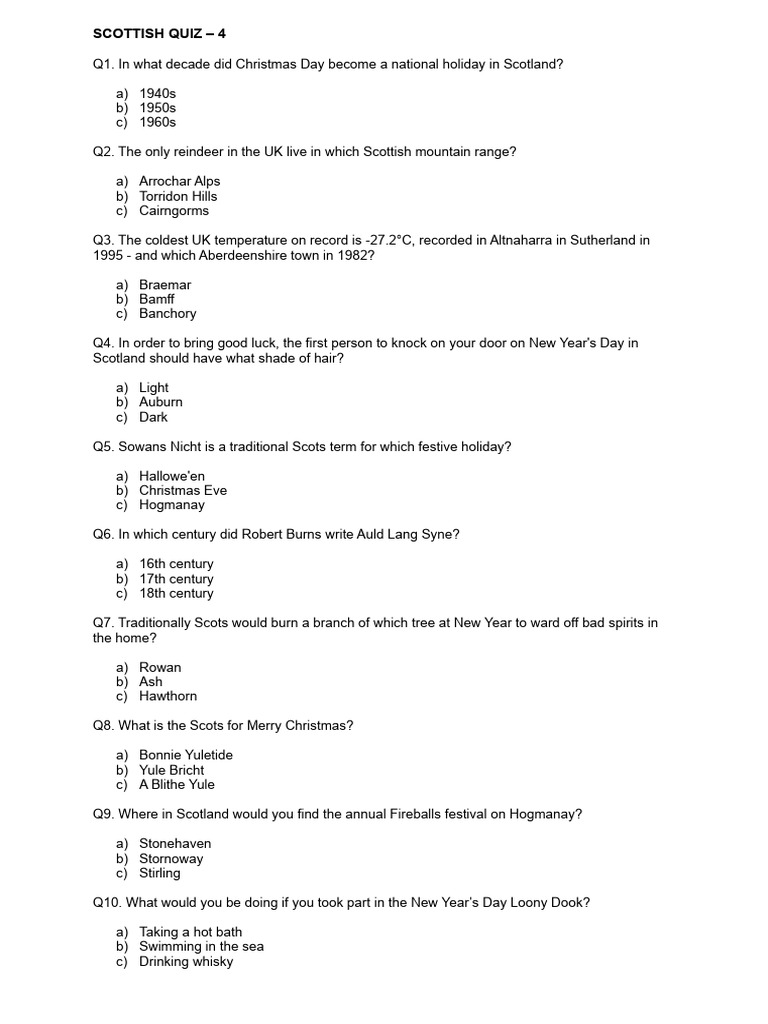 Scottish Quiz: Fun Trivia Questions | PDF | Social Science | Home & Garden