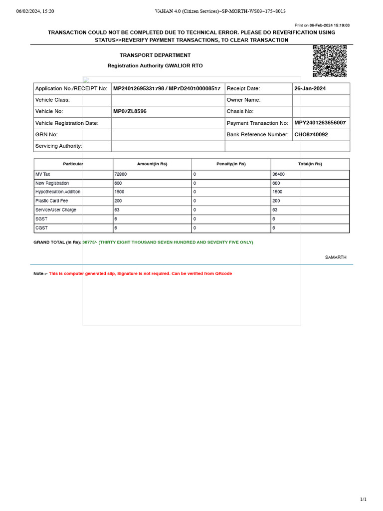 VAHAN 4.0 (Citizen Services) SP-MORTH-WS03 175 8013 | PDF | Receipt | Services (Economics)