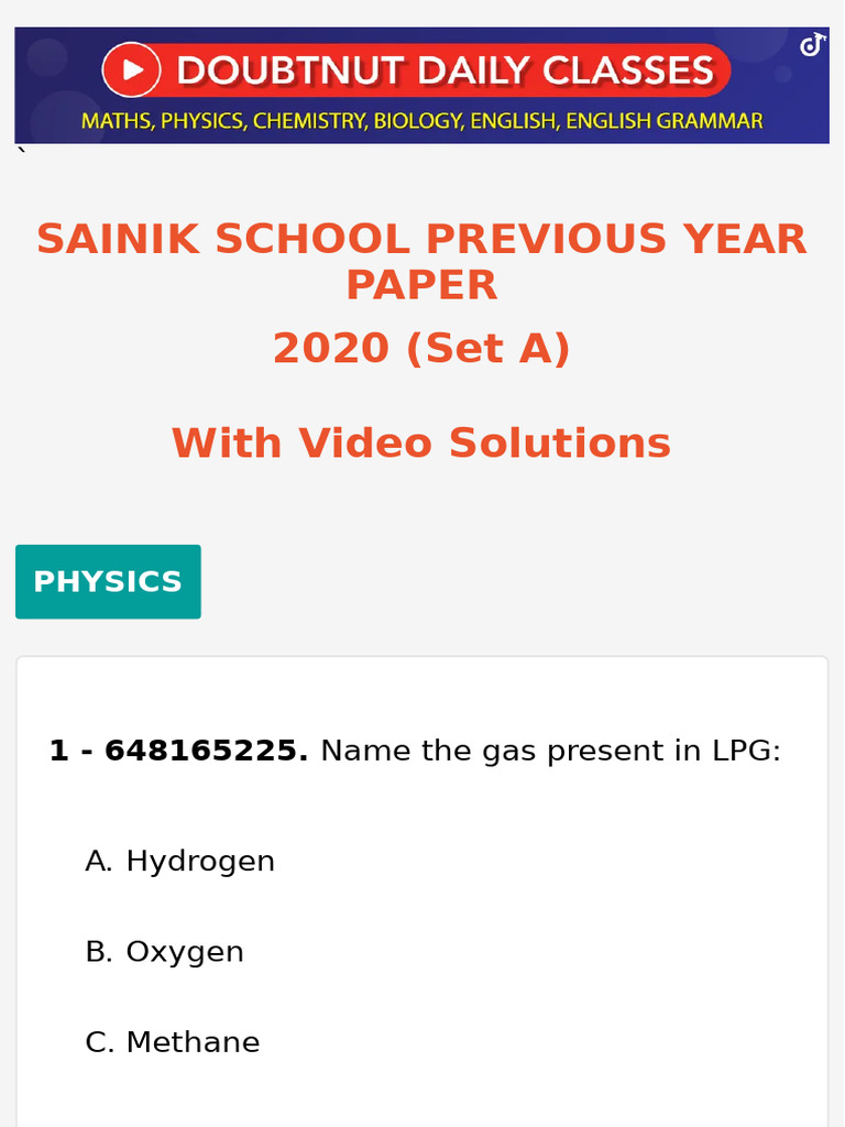 Sainik School Previous Year Paper Class 9 2020 Set A Doubtnut English Medium | PDF | Tide | Sea