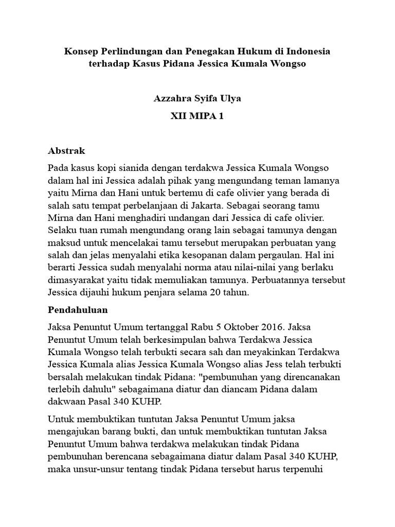 Konsep Perlindungan Dan Penegakan Hukum Di Indonesia Terhadap Kasus Pidana Jessica Kumala Wongso 