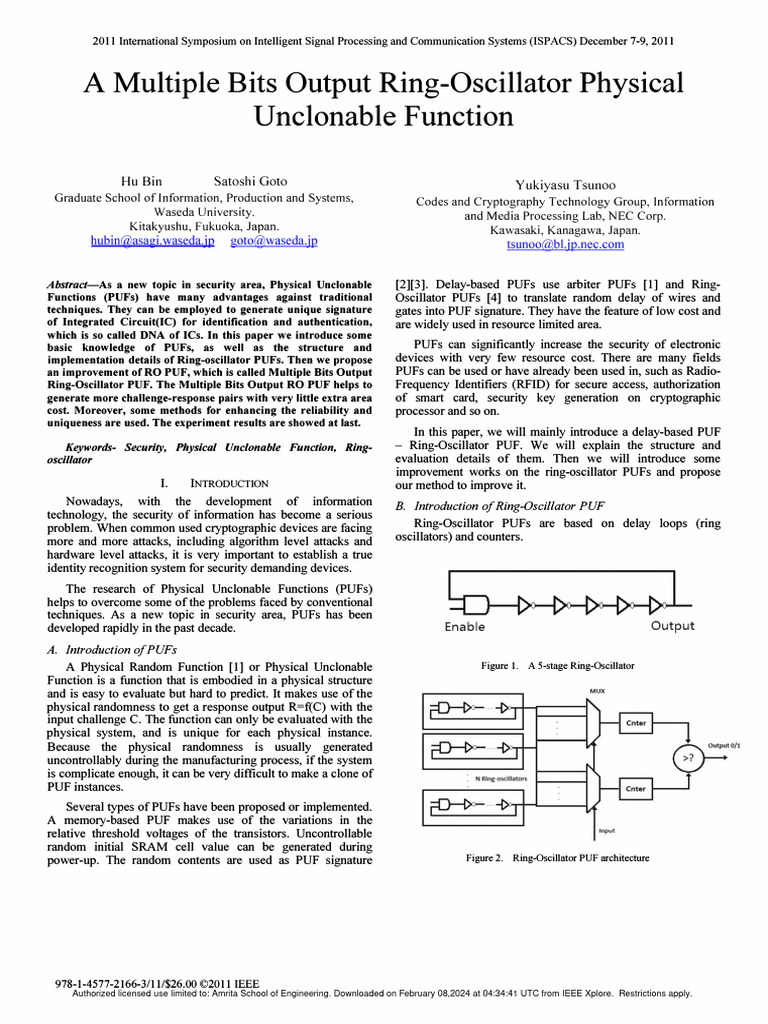A Multiple Bits Output Ring-Oscillator Physical Unclonable Function | PDF | Computer Engineering ...