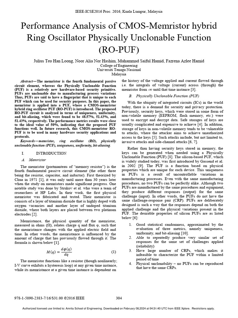 Performance Analysis of CMOS-memristor Hybrid Ring Oscillator Physically Unclonable Function RO ...