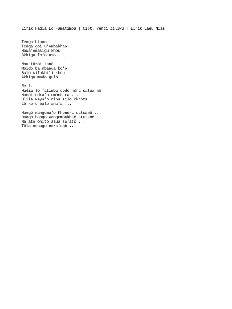 Lirik Lagu Nias: Hadia Lö Famatimba | PDF | Puisi