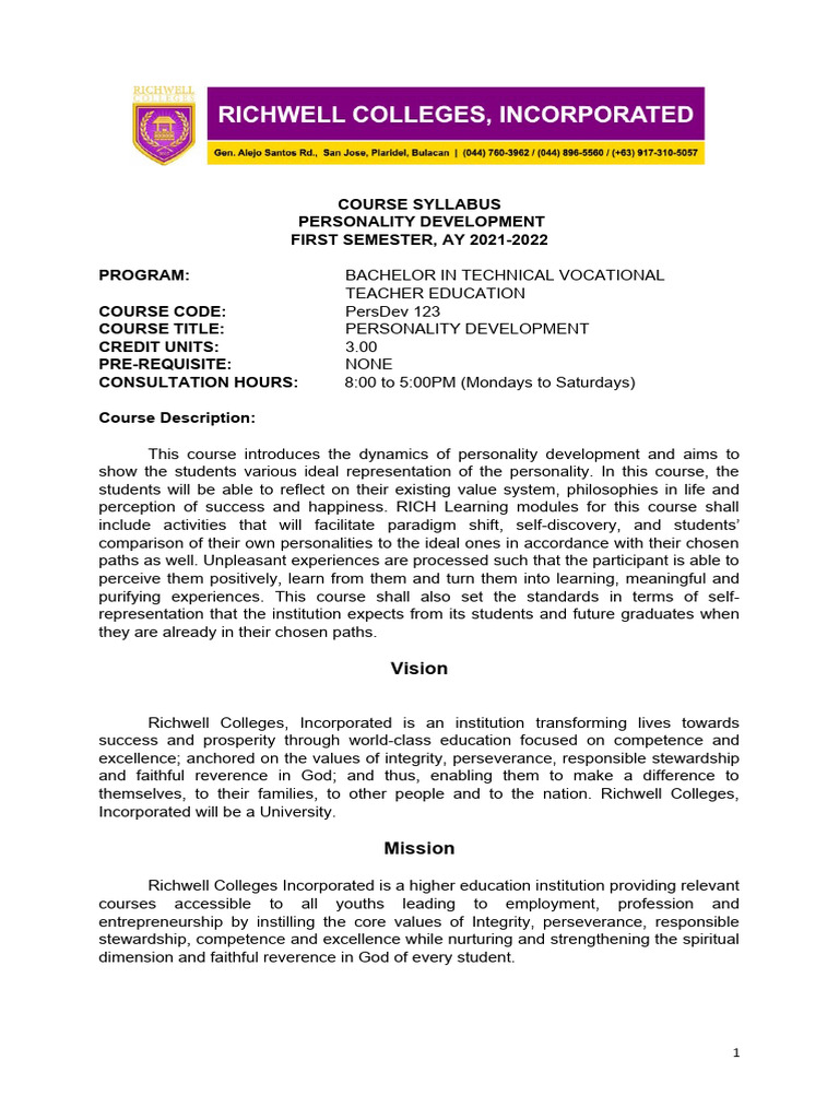 OBE Syllabus - Personality Development - BTVTE | Download Free PDF ... OBE Syllabus - Personality Development - BTVTE | Download Free PDF ...