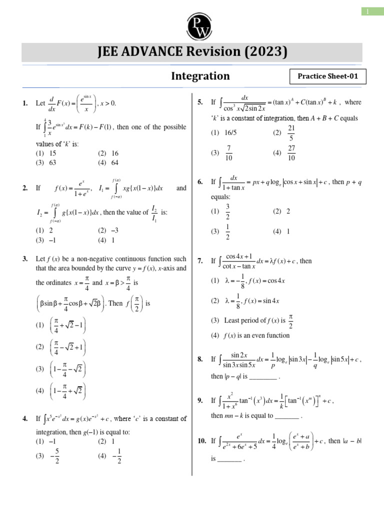Integration - Practice Sheet 01 - JEE Advance 2023 | PDF | Functions And Mappings | Mathematical ...