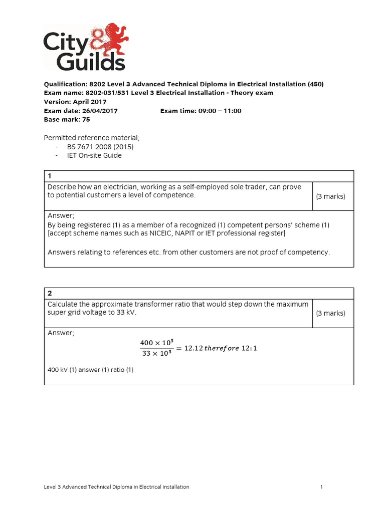 Level 3 Electrical Installation Exam Guide | PDF | Electrical Wiring ...