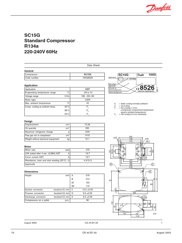 Ficha Técnica Compresor SC15G Danfoss | PDF