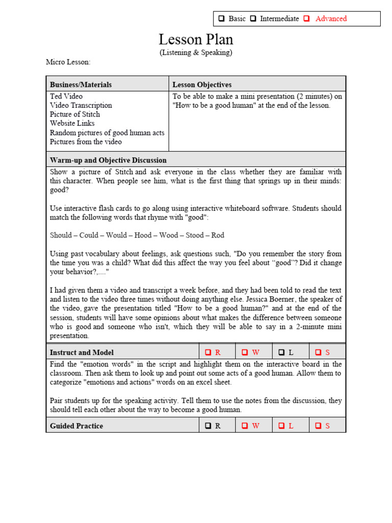 Lesson Plan Listening & Reding | PDF | Learning | Human Communication