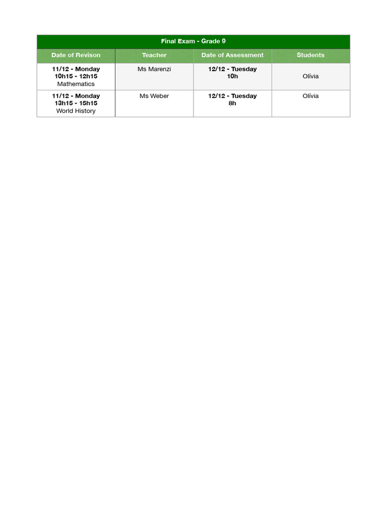 Grade 9 Final Exam Schedule | PDF