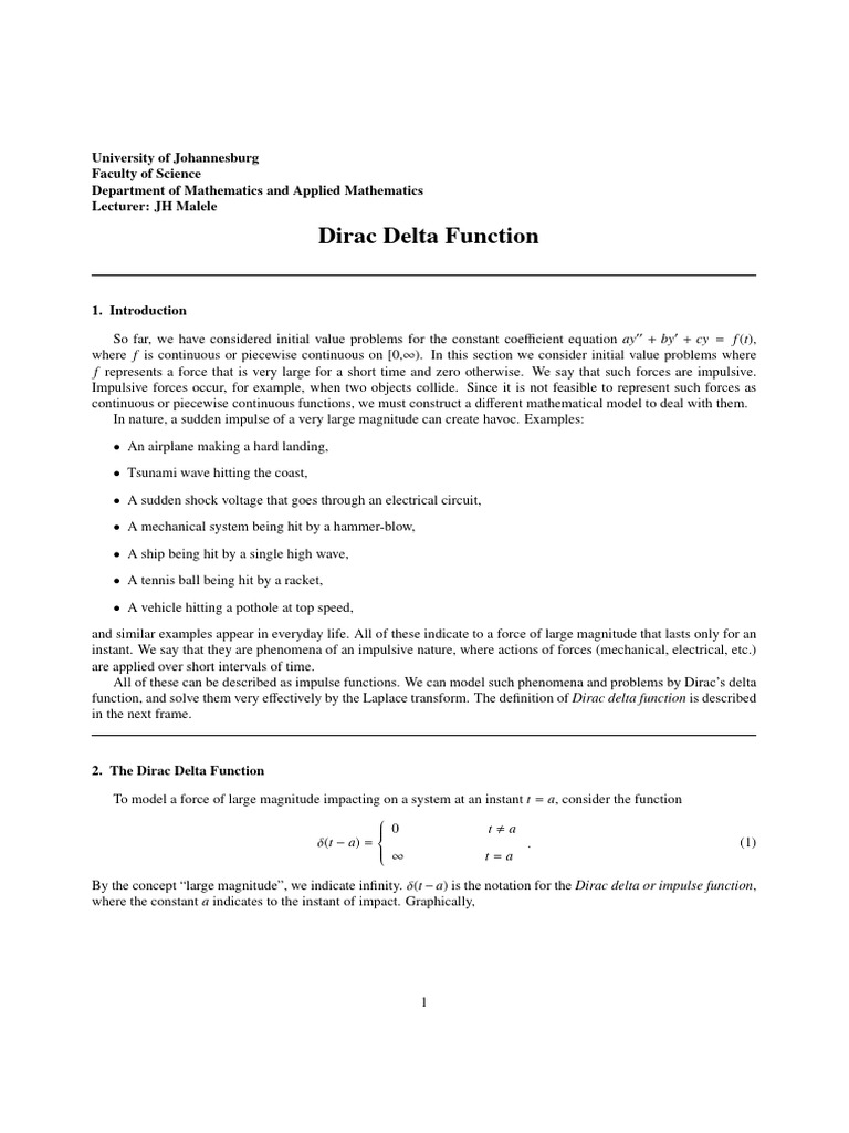 Dirac Delta Fuctions | PDF | Force | Laplace Transform