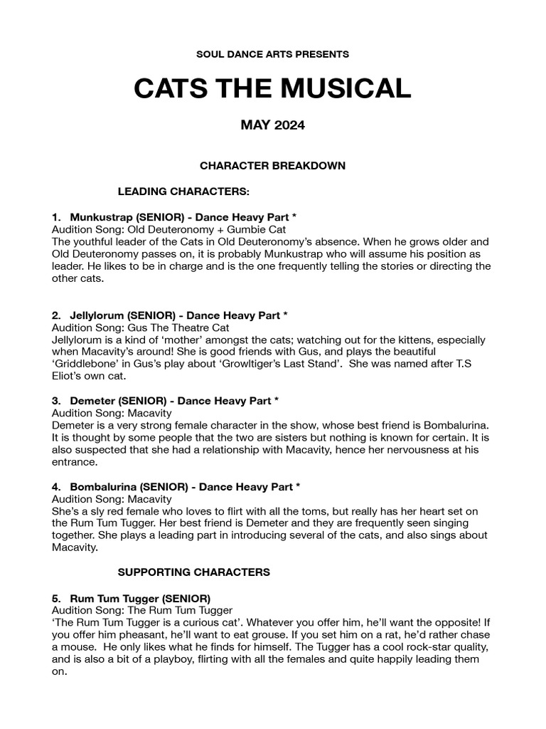 CATS Musical Character Breakdown | PDF | Fictional Cats | Adaptations ...