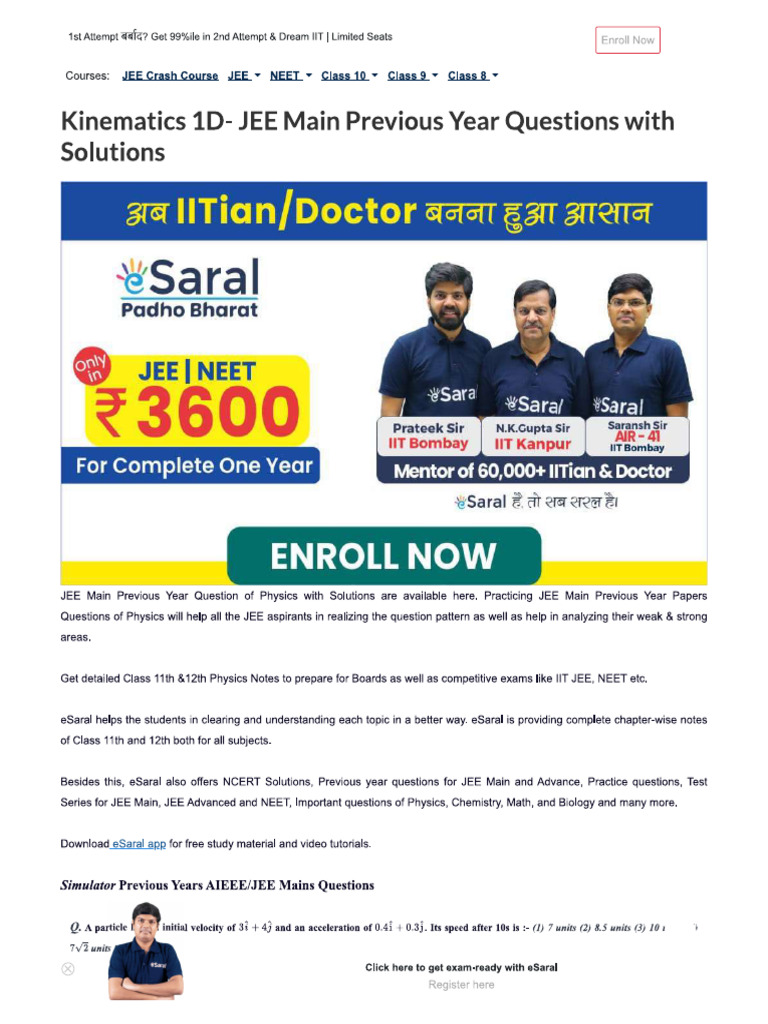 JEE Questions - Kinematics 1D | PDF